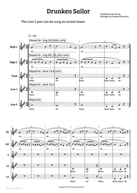 Drunken Sailor Arr Aneesa Chaudhry By Traditional Sea Shanty Sheet
