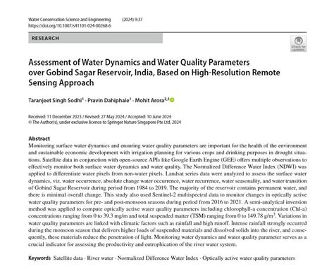 Our Paper On Water Quality Monitoring In Gobind Sagar Reservoir Taranjeet Sodhi Posted On The
