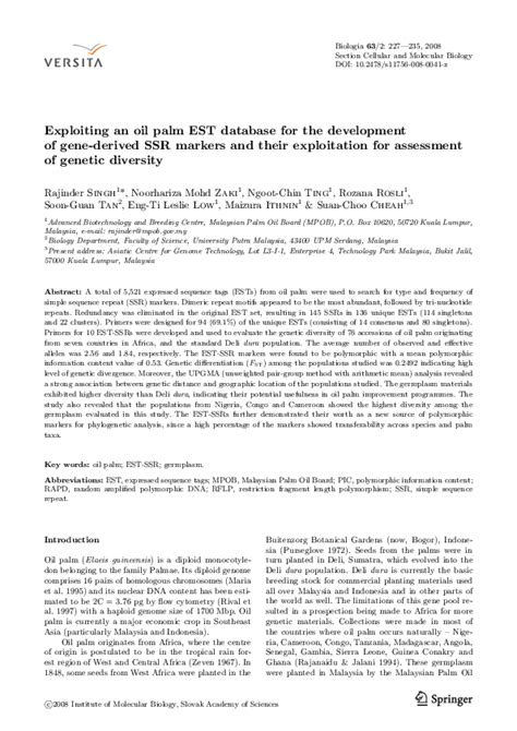 Pdf Exploiting An Oil Palm Est Database For The Development Of Gene Derived Ssr Markers And