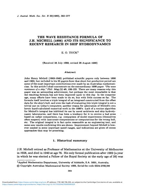 The Wave Resistance Formula Of Jh Michell 1898 And Its Significance To
