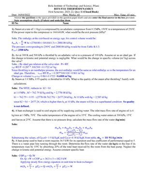 Thermo Midsem Makeup OAC BITS F THERMODYNAMICS First Semester MID SEM Makeup