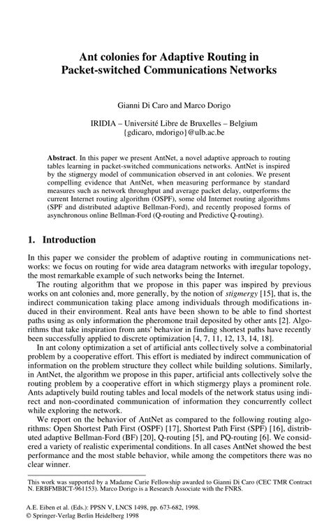Pdf Ant Colonies For Adaptive Routing In Packet Switched