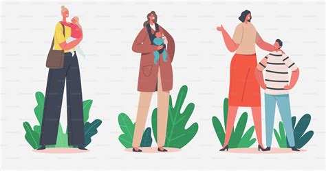 하얀 배경에 고립된 아이들과 함께 행복한 엄마들을 설정한다 가족 캐릭터 엄마 아들 또는 딸은 함께 시간을 보내고 재미 있고 의사 소통하고 놀고 유대감을 형성하고