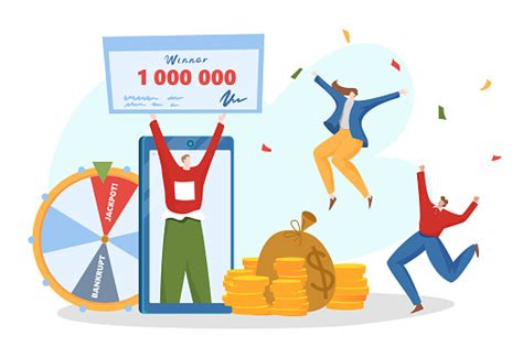 온라인 웹 기술 승리 복권 남성 캐릭터는 태블릿 달러 상금 도박 게임 평면 벡터 일러스트 레이 션 흰색으로 격리 된 것을