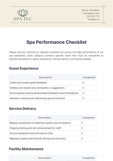 Free Spa Performance Checklist Template To Edit Online