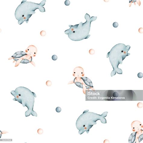 귀여운 돌고래와 거북이가 있는 수중 매끄러운 아기 수채화 미니멀리즘 패턴 직물 직물 포장 카드 라벨 브로셔 전단지 장난에 대한 스톡 벡터 아트 및 기타 이미지 Istock
