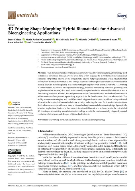 Pdf 4d Printing Shape Morphing Hybrid Biomaterials For Advanced Bioengineering Applications