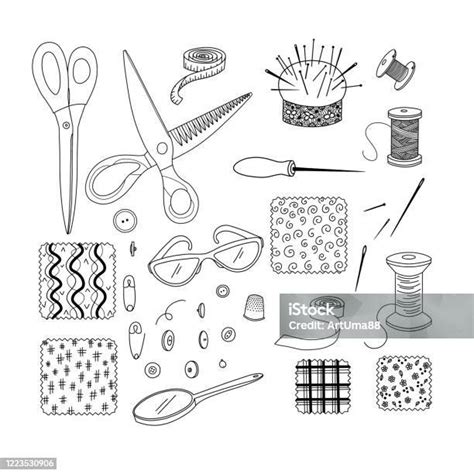봉 제 컨셉 바느질 도구 바늘 가위 실 Awl 버튼 스풀 돋보기 바늘 홀더 테이프 등 손으로 그린 이솔티드 스케치의 벡터 세트