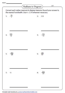 Convert Between Degrees And Radians Worksheets