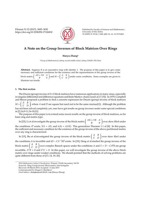 Pdf A Note On The Group Inverses Of Block Matrices Over Rings