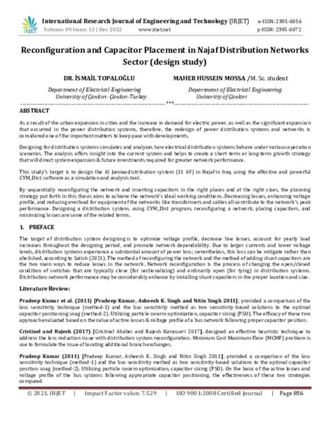 Pdf Reconfiguration And Capacitor Placement In Najaf Distribution