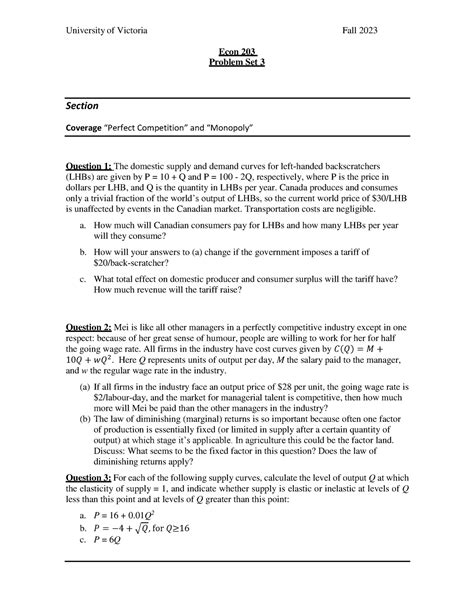 Problem Set 3 Fall 2023 University Of Victoria Fall 2023 Econ 203 Problem Set 3 Section