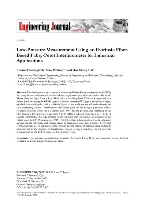 Pdf Low Pressure Measurement Using An Extrinsic Fiber Based Fabry Perot Interferometer For