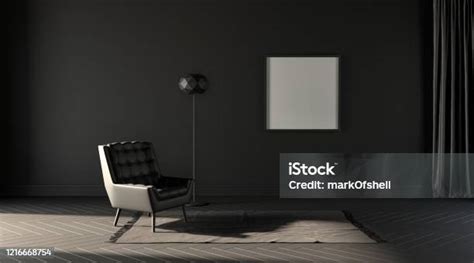 카펫이있는 어둡고 우울한 방에 포스터 프레임과 하나의 소파 검은 색 배경입니다 3d 렌더링 남성성에 대한 스톡 사진 및 기타
