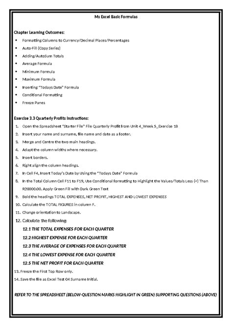 3 practice matirial ms excel basic formulas chapter learning outcomes formatting columns to