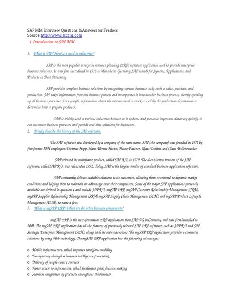 Sap Mm Interview Questions Pdf Sap Se Enterprise Resource Planning