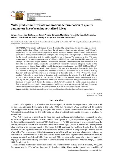 Pdf Multi Product Multivariate Calibration Determination Of Quality Parameters In Soybean