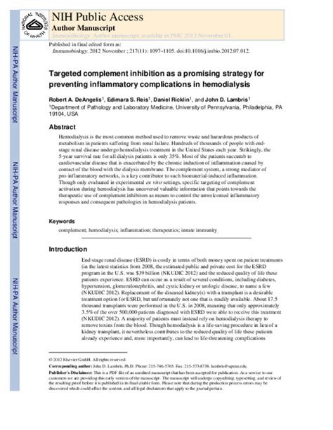 Pdf Complement Inhibition To Prevent Dialysis Inflammation