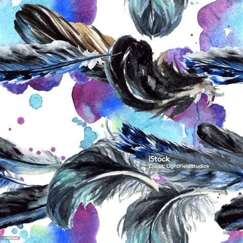 고립 된 날개에서 푸른 검은 새 깃털 수채화 배경 그림 집합입니다 완벽 한 배경 패턴입니다 0명에 대한 스톡 벡터 아트 및 기타 이미지 Istock