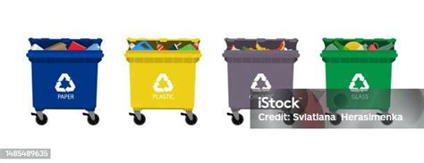종이 플라스틱 유리 및 유기농이 있는 다양한 색상의 쓰레기통 폐기물 분리 쓰레기 분류 폐기물 관리 벡터 플랫 그림 0명에 대한