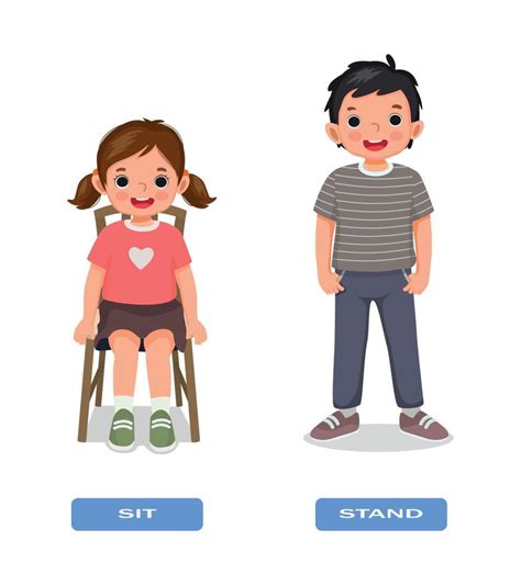 Opposite Adjective Antonym Words Sit And Stand Illustration Of Little