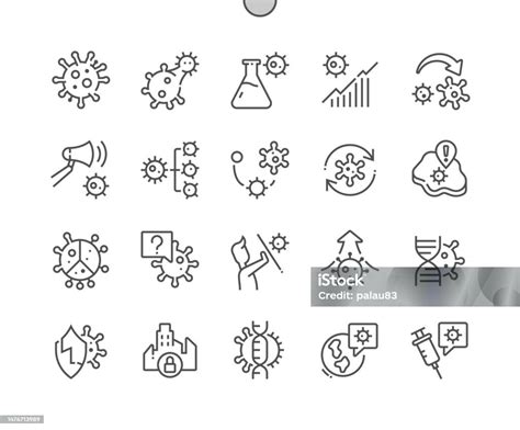 바이러스 돌연변이 실험실 봉쇄 및 백신 면역 전염병 픽셀 완벽한 벡터 얇은 선 아이콘입니다 간단한 최소 픽토그램 박테리아에 대한 스톡 벡터 아트 및 기타 이미지 Istock