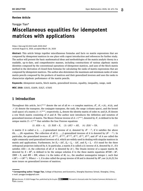 Pdf Miscellaneous Equalities For Idempotent Matrices With Applications