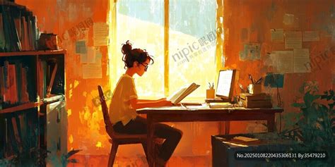 Ai创作图书房插画 插画学习 勤奋读书学习 案头插画 高考学生书房 图书馆儿插 读书学习场景 居家的女生 学习的背影 认真读书的女生 勤奋学习知识 女学生夕阳下插画 考生书房 在认真的学习女孩