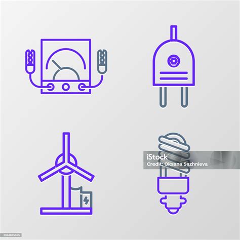 라인 Led 전구 풍력 터빈 전기 플러그 및 암페어 미터 멀티 미터 전압계 아이콘을 설정합니다 벡터 0명에 대한 스톡 벡터 아트