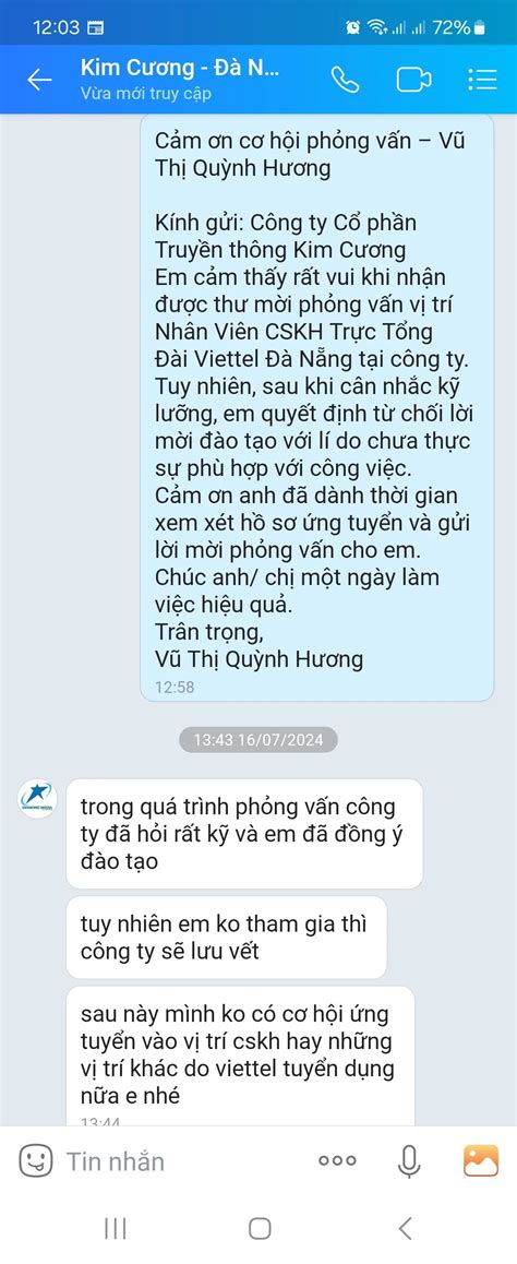 Vẫn là quá trình đi xin việc Mình cảm thấy tin nhắn này như dọa nạt
