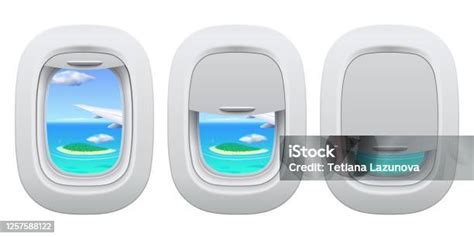 비행기 현관 보기 비행기는 바다의 섬에 대한 내부 보기 내부 의 폐쇄 창입니다 항공기로 여행 비행기에 대한 스톡 벡터 아트 및 기타 이미지 Istock