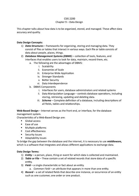 CSIS Chapter Notes CSIS Chapter Data Design This Chapter Talks About How