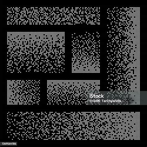 픽셀 분해 붕괴 효과 둥근 모양으로 만들어진 다양한 직사각형 요소 분산 된 점선 패턴 간단한 입자가 있는 모자이크 텍스처 벡터 일러스트레이션 패턴에 대한 스톡 벡터 아트 및
