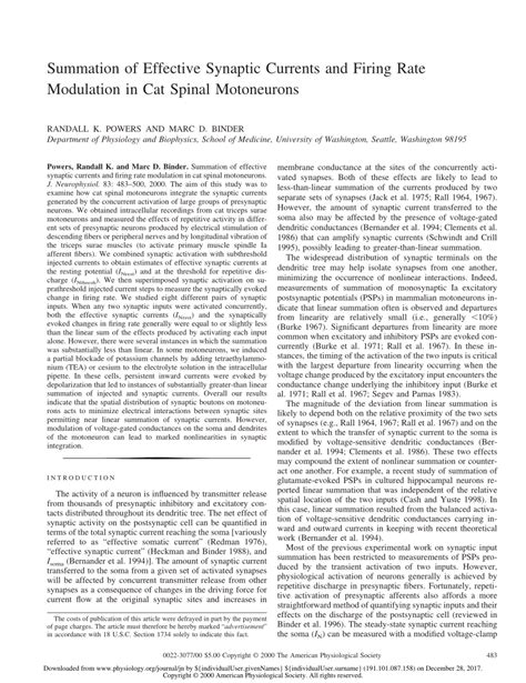 Pdf Summation Of Effective Synaptic Currents And Firing Rate Modulation In Cat Spinal Motoneurons