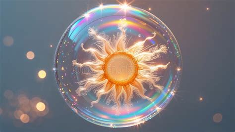 Golden Sun Shining Inside A Soap Bubble With Rainbow Reflections And