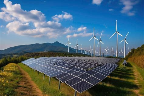 재생 가능한 녹색 에너지 생산을 위한 자연 경관의 태양 에너지 패널 광전지 및 풍력 터빈 농장 발전기 청정 지속 가능한 개발
