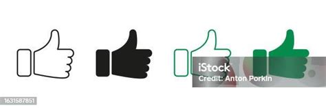 엄지손가락 위로 라인과 실루엣 아이콘 좋은 선택 좋아 픽토그램 세트 승인 확인 투표 제스처 서명 소셜 미디어용 검은색과 녹색