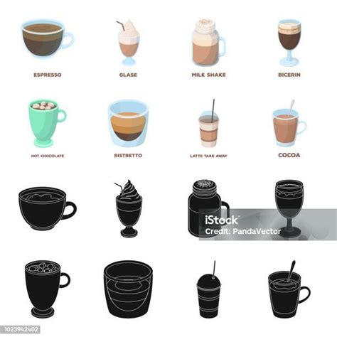 Ristretto 핫 초콜릿 라 떼 테이크아웃 커피의 종류 검정 만화 스타일 벡터 기호 재고 일러스트 레이 션 웹에서 컬렉션