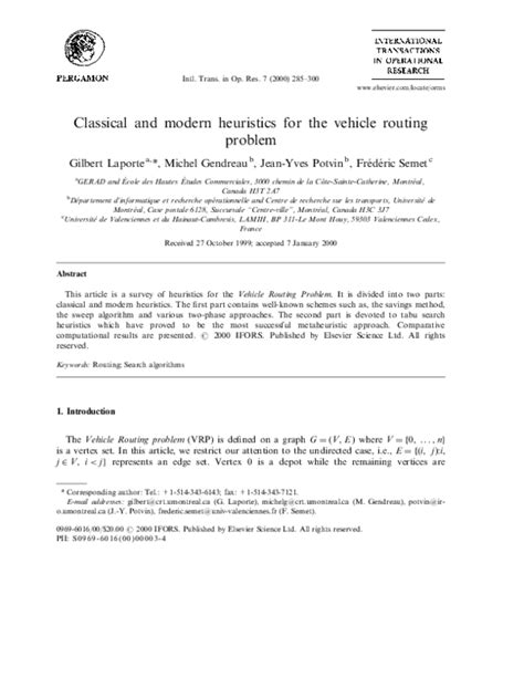 Pdf Classical And Modern Heuristics For The Vehicle Routing Problem