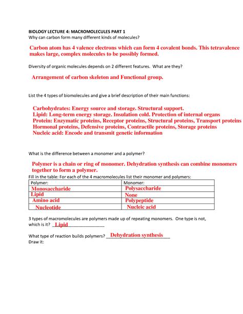 Macromol Example Study Aid BIOLOGY LECTURE MACROMOLECULES PART Why Can Carbon Form Many