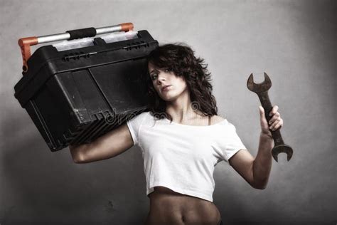 Girl Holding Toolbox And Wrench Spanner Stock Photo Image Of Toolbox Tool 109568808
