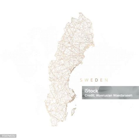스웨덴의 로우 폴리 지도 금색 다각형 와이어프레임 흰색 배경에 금색 입자가 있는 반짝이는 벡터 0명에 대한 스톡 벡터 아트 및 기타 이미지 Istock