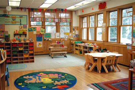 Empty Kindergarten Classroom With Toys Organized On Shelves Waiting For