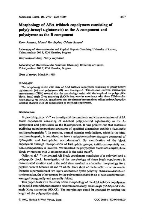Pdf Morphology Of Aba Triblock Copolymers Consisting Of Poly γ Benzyl L Glutamate As The A