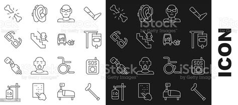 세트 라인 워킹 스틱 지팡이 Sos 버튼 Iv 가방 시력 불량 장애인 엘리베이터 안경 인간 부러진 뼈와 자동차 아이콘을 누릅니다 벡터 아이콘에 대한 스톡 벡터 아트 및 기타