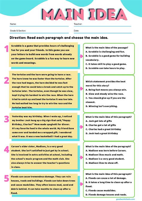 Multiple Choice Main Idea Worksheets Printable Worksheets