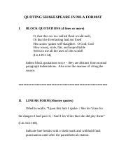 QUOTING SHAKESPEARE IN MLA FORMAT Doc QUOTING SHAKESPEARE IN MLA FORMAT I BLOCK QUOTATIONS