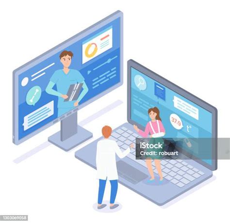 의료 웹 사이트에서 두 명의 외과 의사와 온라인으로 상담하는 석고에 손이 부러진 여성 Isometric 2명에 대한 스톡 벡터 아트 및 기타 이미지 Istock