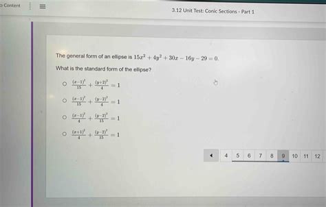 Solved O Content ≡ 312 Unit Test Conic Sections Part 1 The