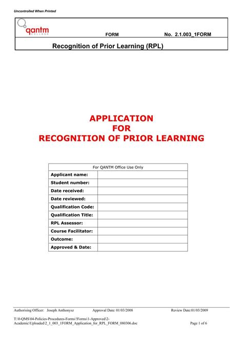 Application For Recognition Of Prior Learning